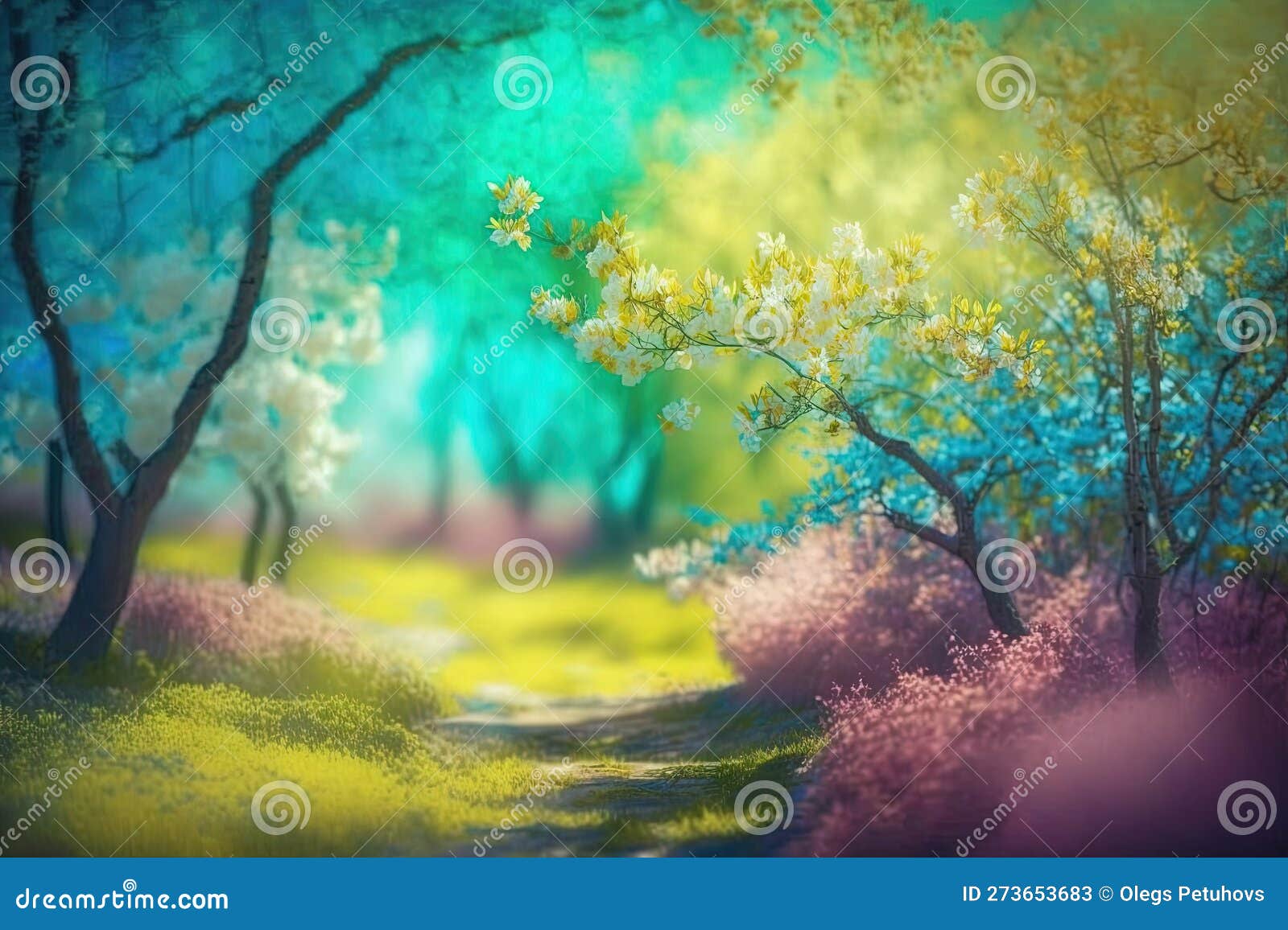 A Painting of a Path through a Forest with Trees and Flowers Stock ...