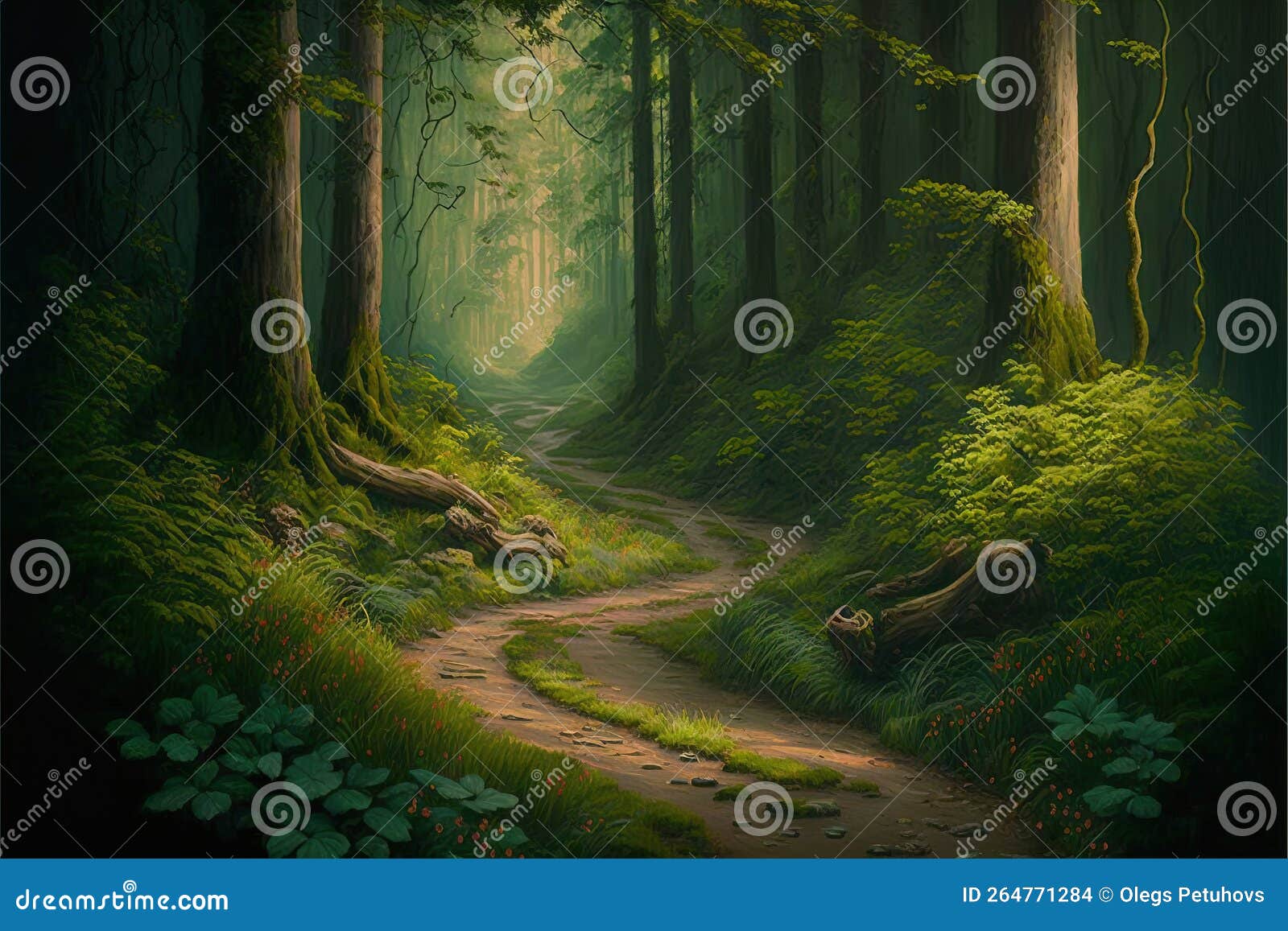 A Painting of a Path in a Forest with Trees and Grass on Both Sides of ...