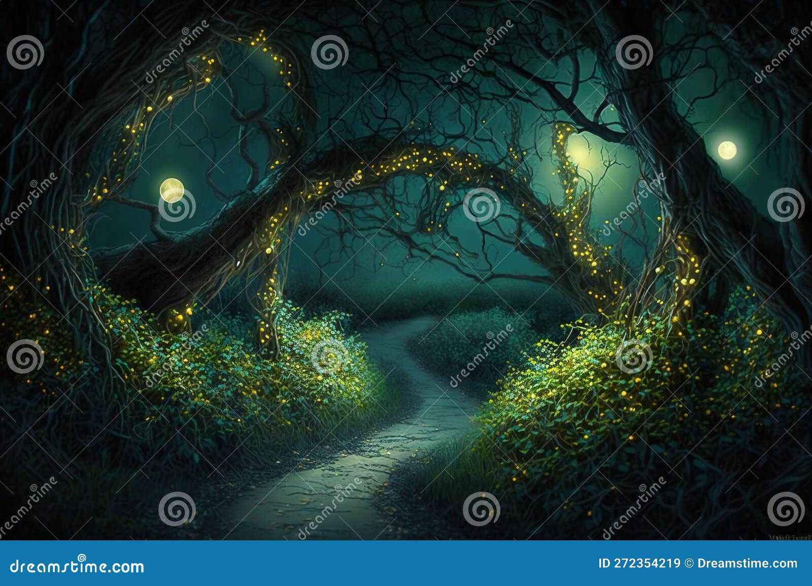 A Painting of a Path Leading To a Forest at Night Stock Illustration ...