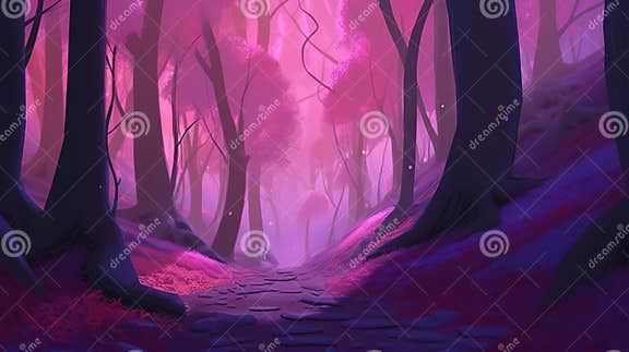 A Painting of a Path through a Pink Forest with Trees Stock ...