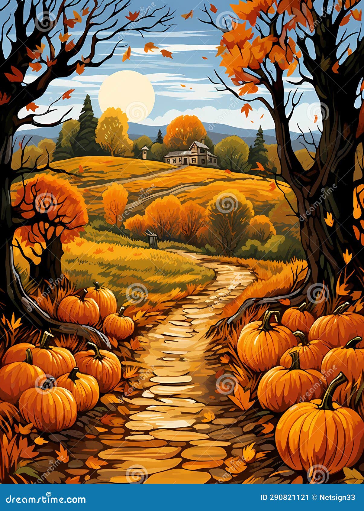 Painting of a Path with Pumpkins and Trees Stock Illustration ...