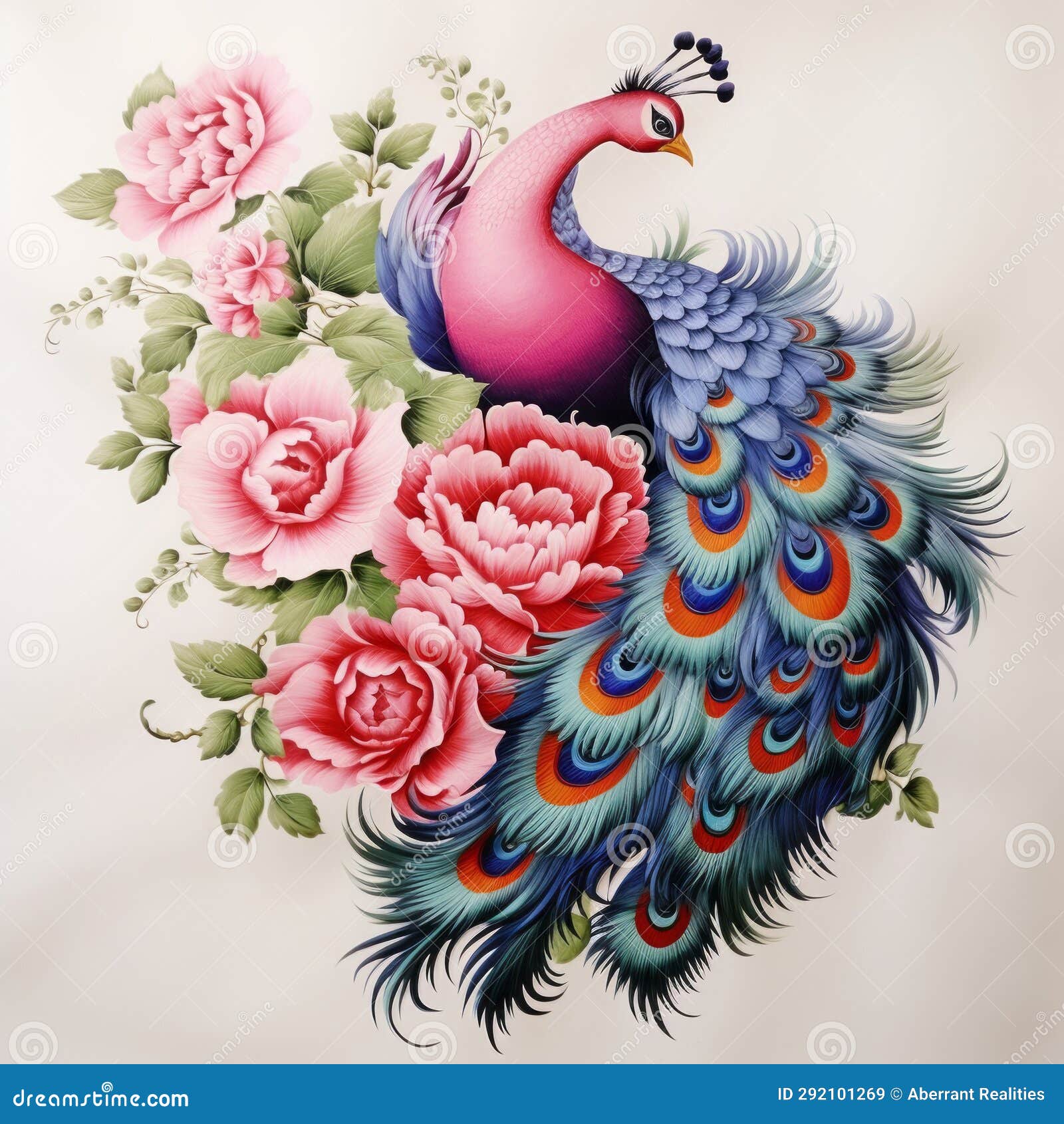 A Painting of a Peacock and Roses Stock Image - Image of pattern ...
