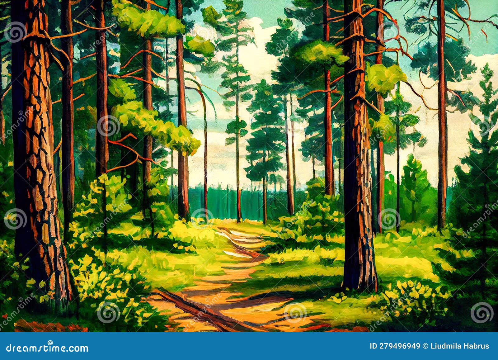 Painting of Pine Trees in a Pine Forest. Hand-drawn Illustration Stock ...