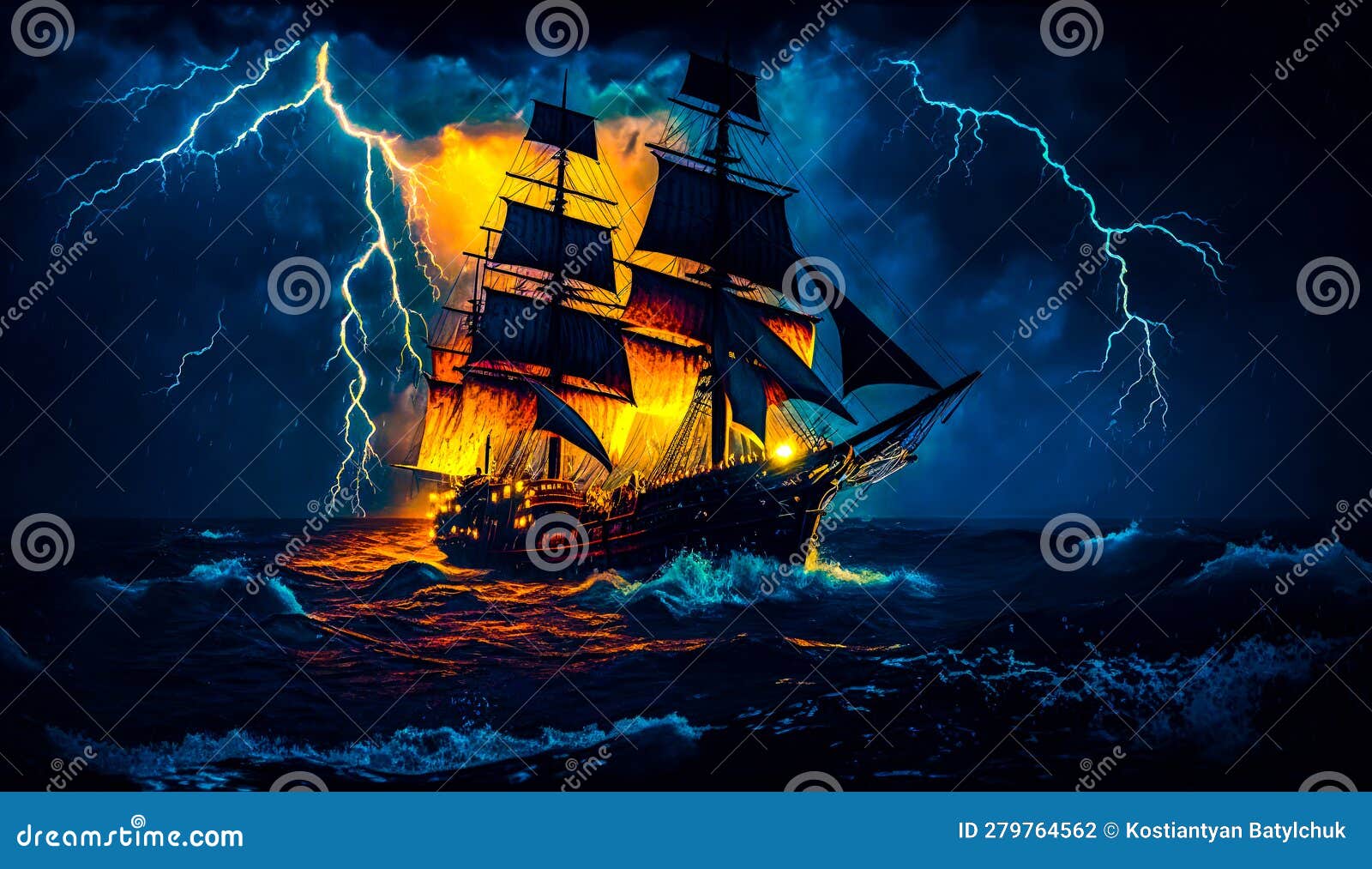 Painting of Pirate Ship in Storm with Lightning in the Background ...