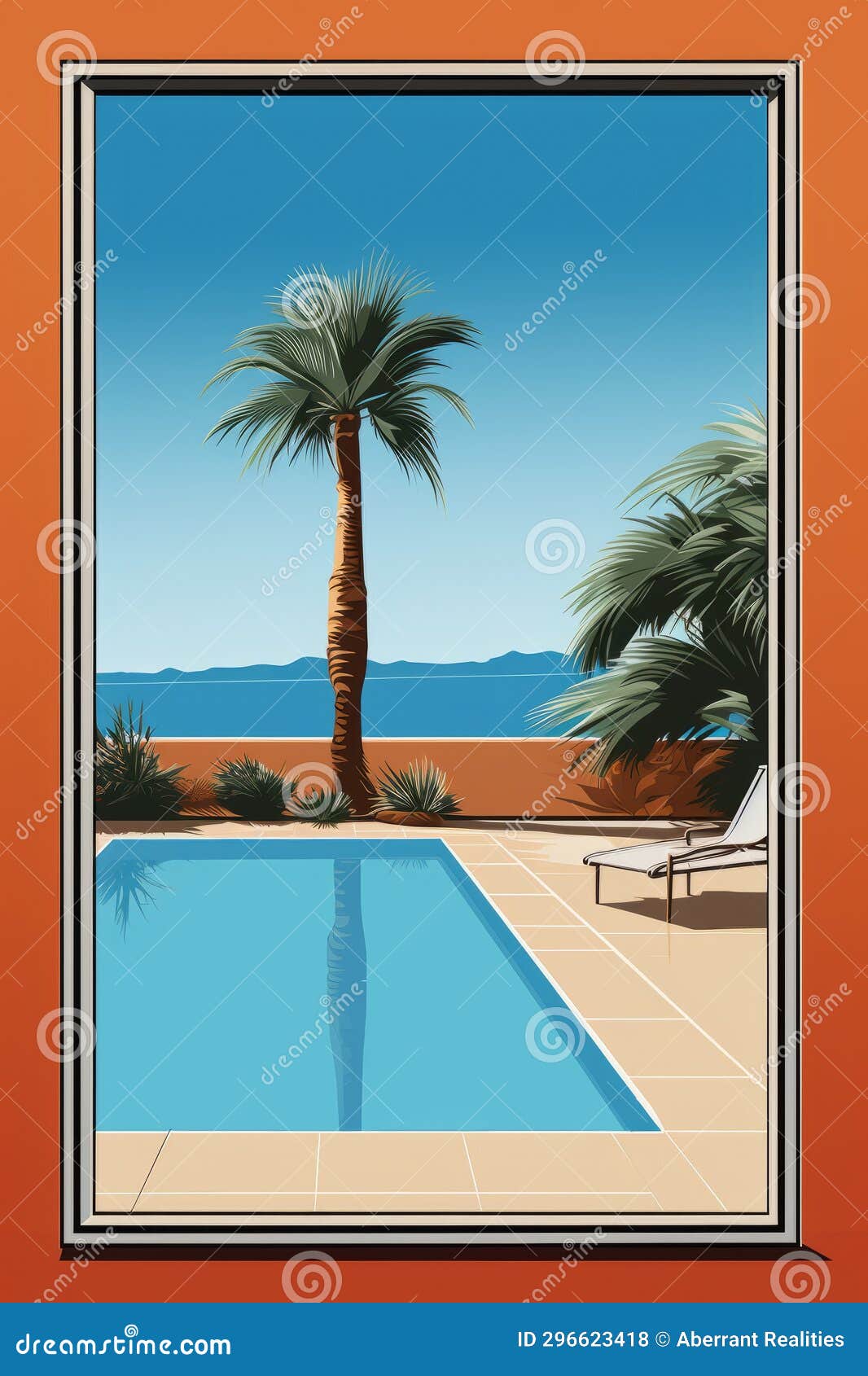 A Painting of a Pool with a Palm Tree Next To it Stock Illustration ...