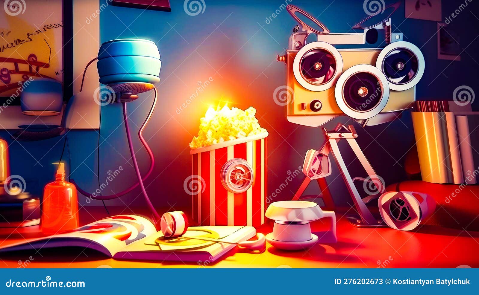 Painting of Popcorn Box and Movie Projector on Table. Generative AI ...