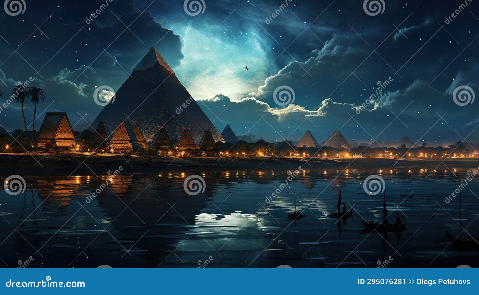 A Painting of a Pyramid by the Water with Boats in it. Generative Ai ...