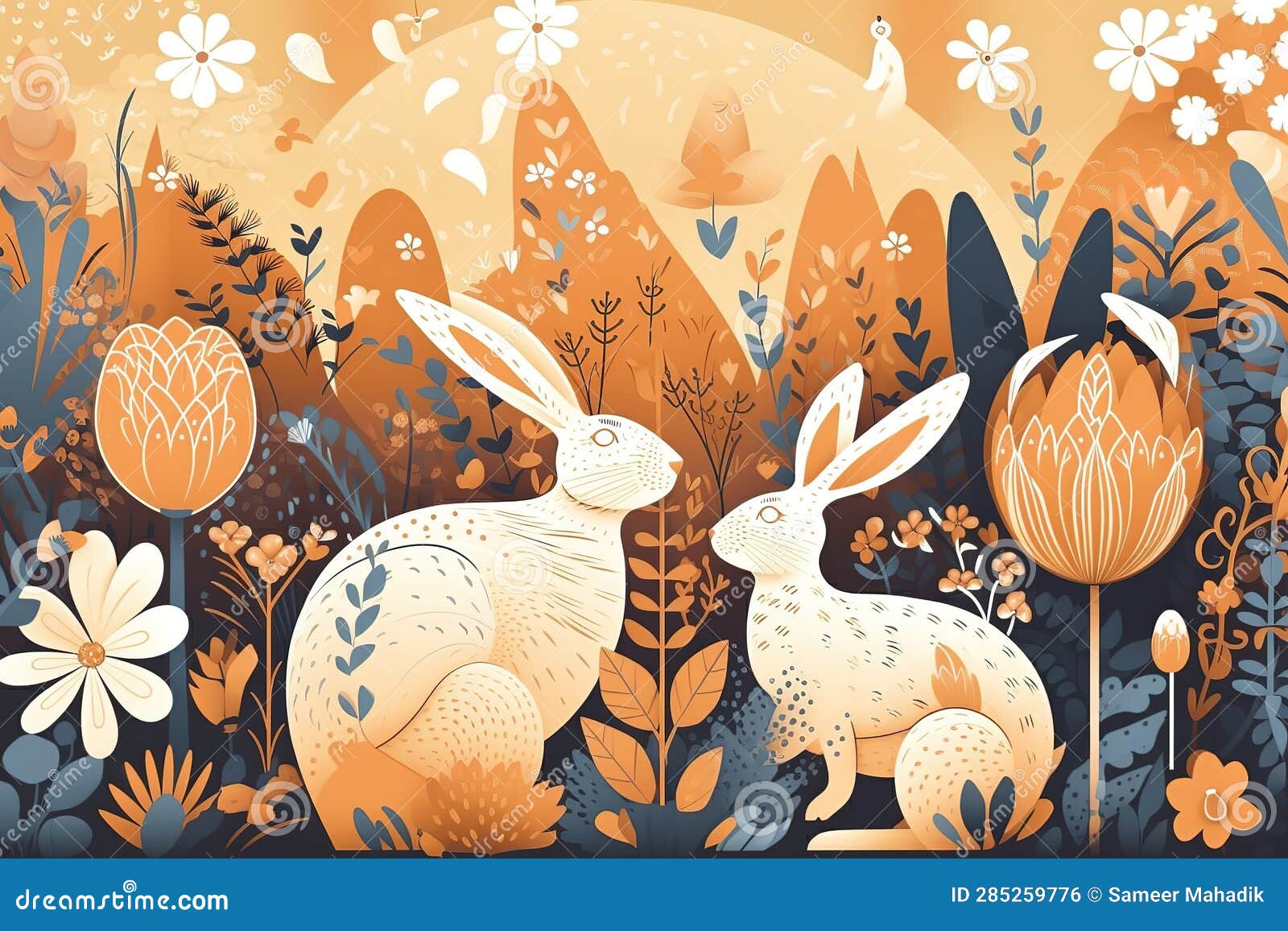 Painting of Rabbit Sitting on Grass with Mountains and Plants ...