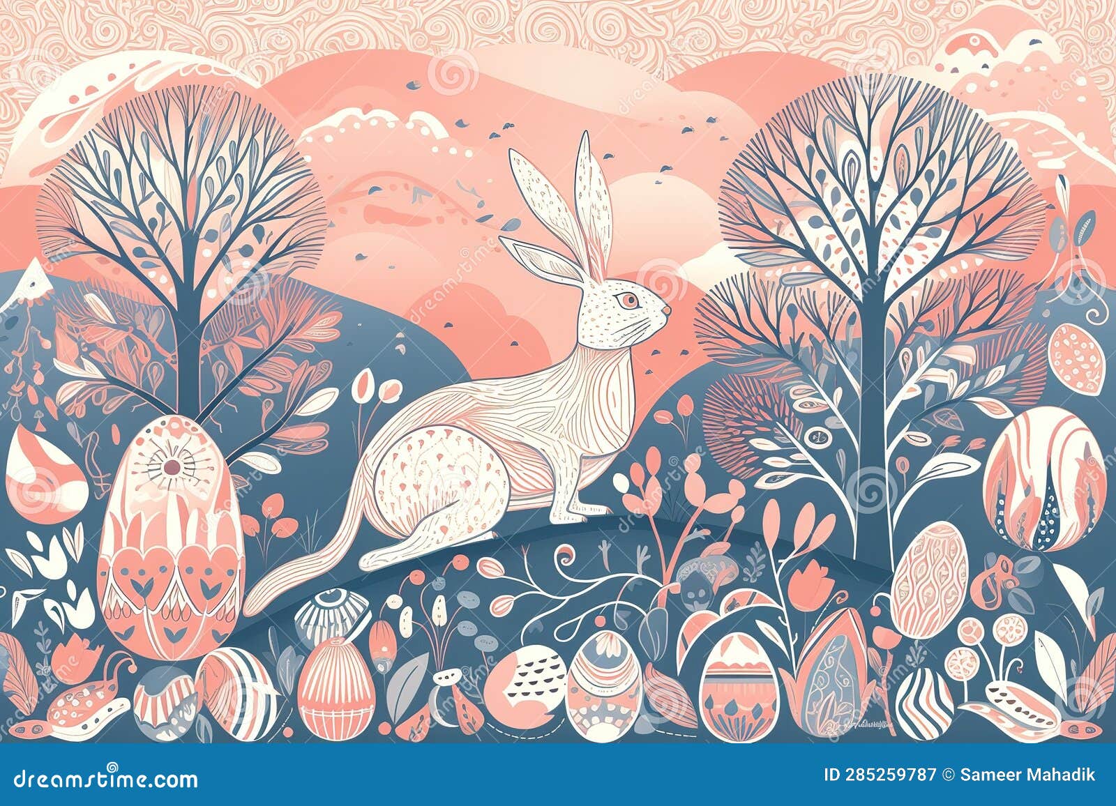 Painting of Rabbit Sitting on Grass with Mountains and Plants ...