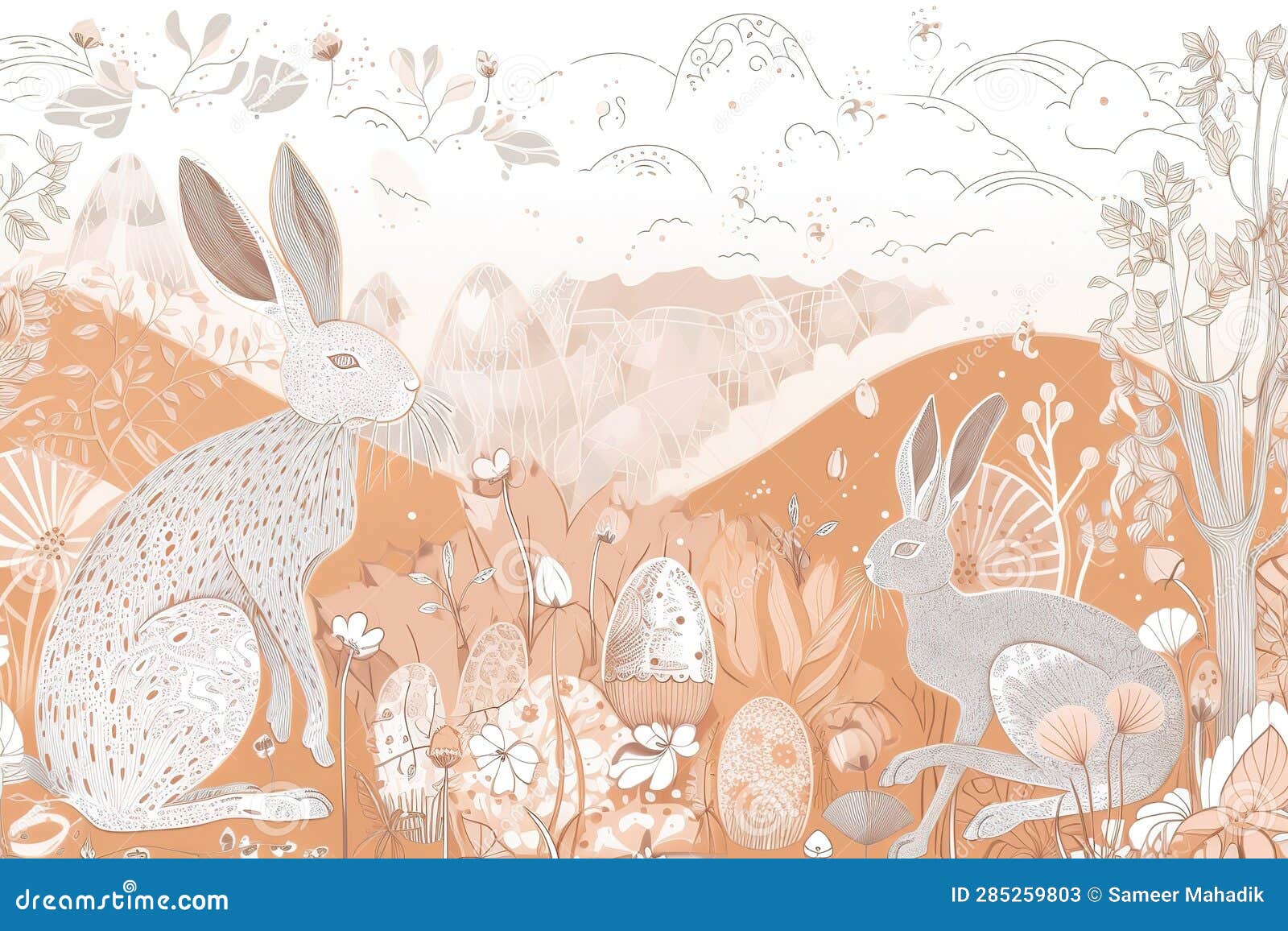 Painting of Rabbit Sitting on Grass with Mountains and Plants ...