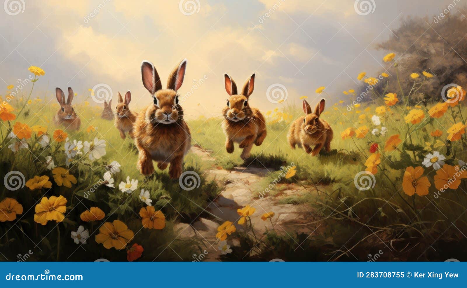 A Painting of Rabbits Running in a Field of Flowers Stock Illustration ...