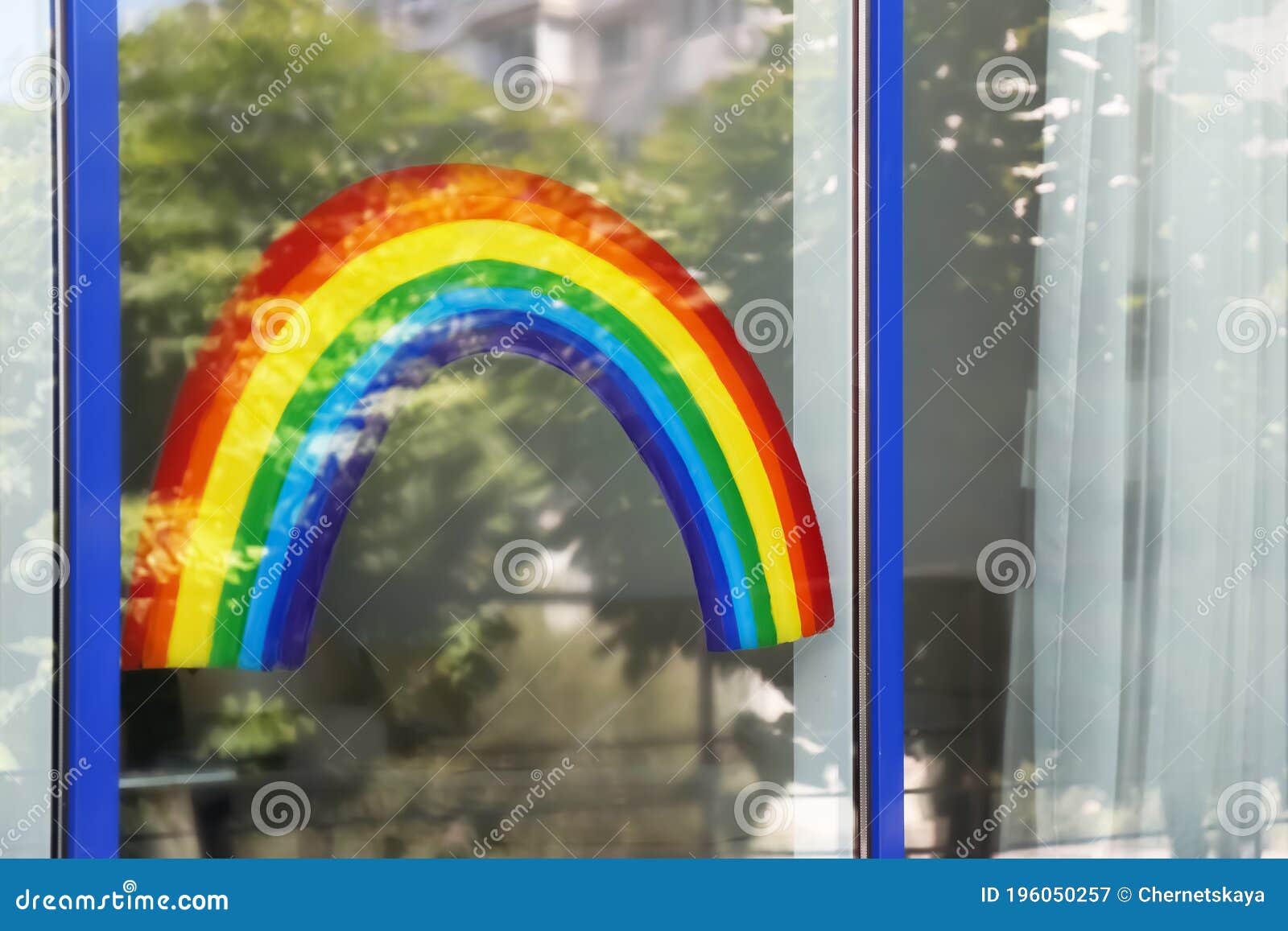 Painting of Rainbow on Window, View from Outdoors. Stay at Home Concept ...