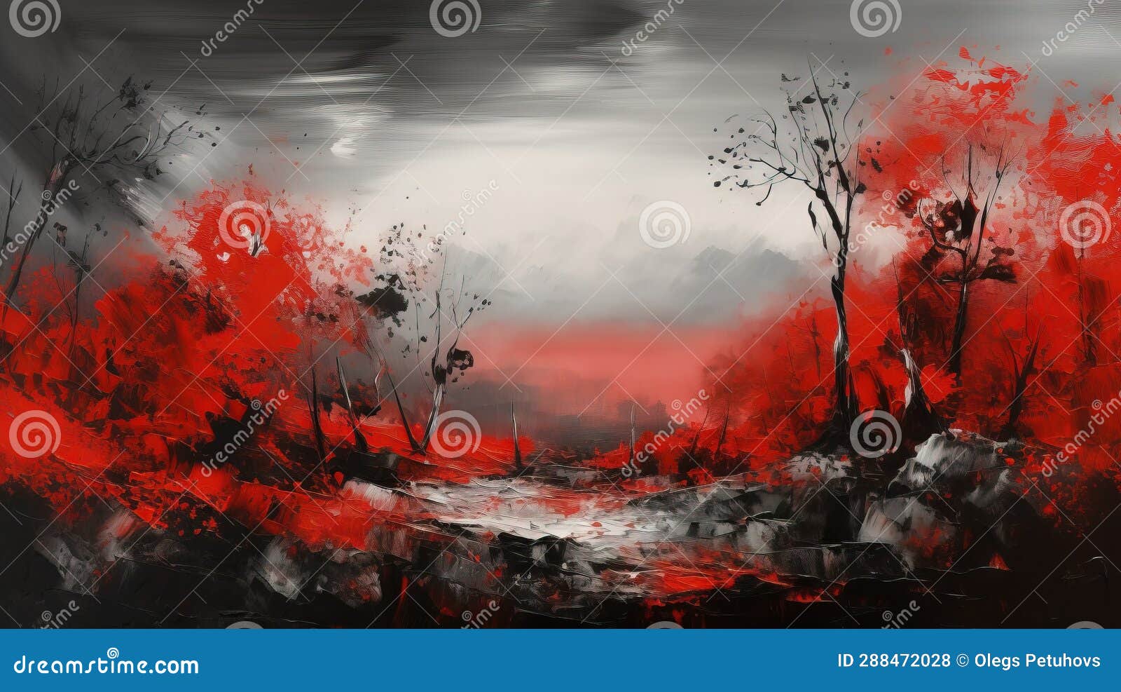 A Painting of a Red and Black Landscape with a Stream Stock ...