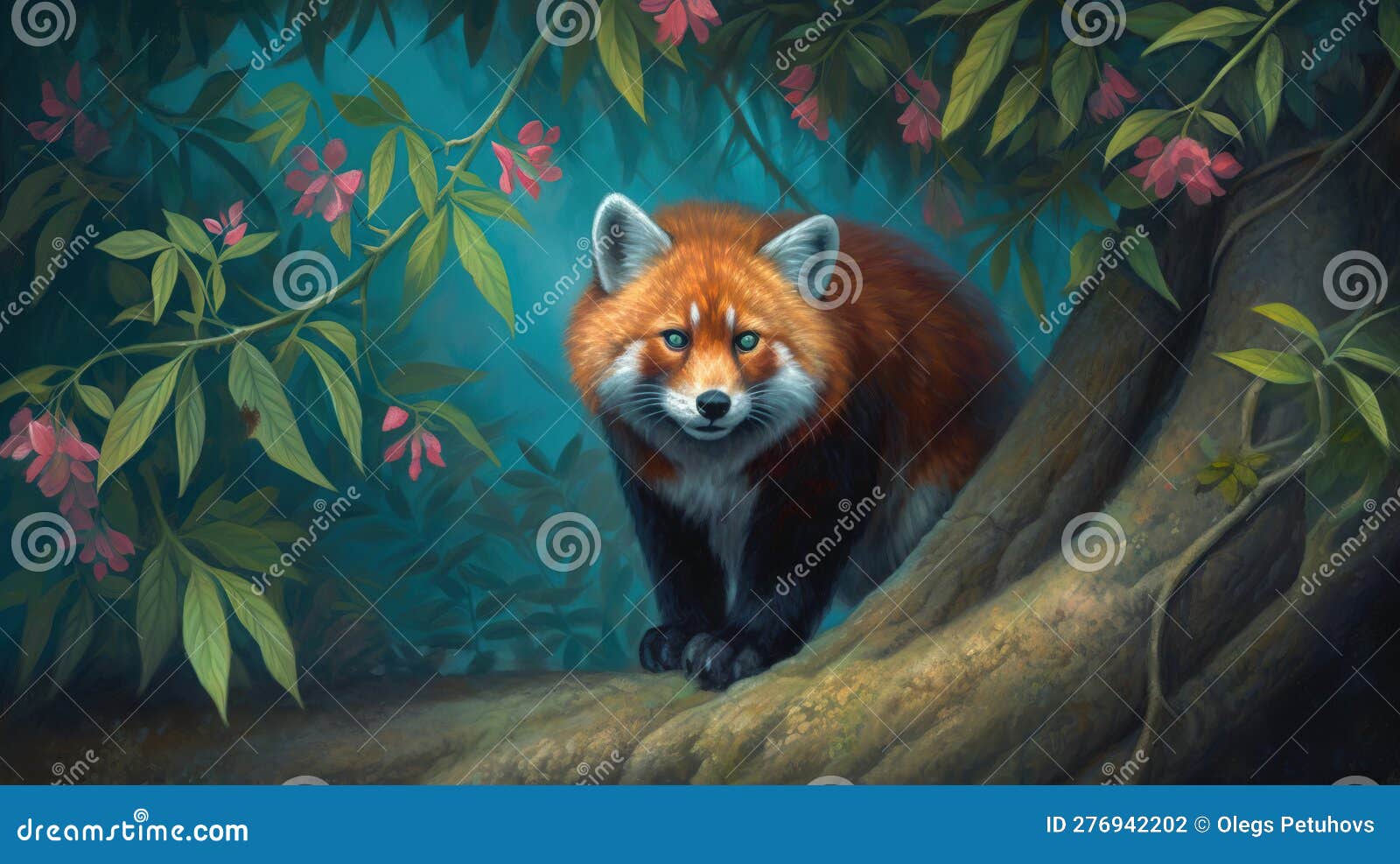 A Painting of a Red Fox Sitting on a Tree Branch Stock Illustration ...