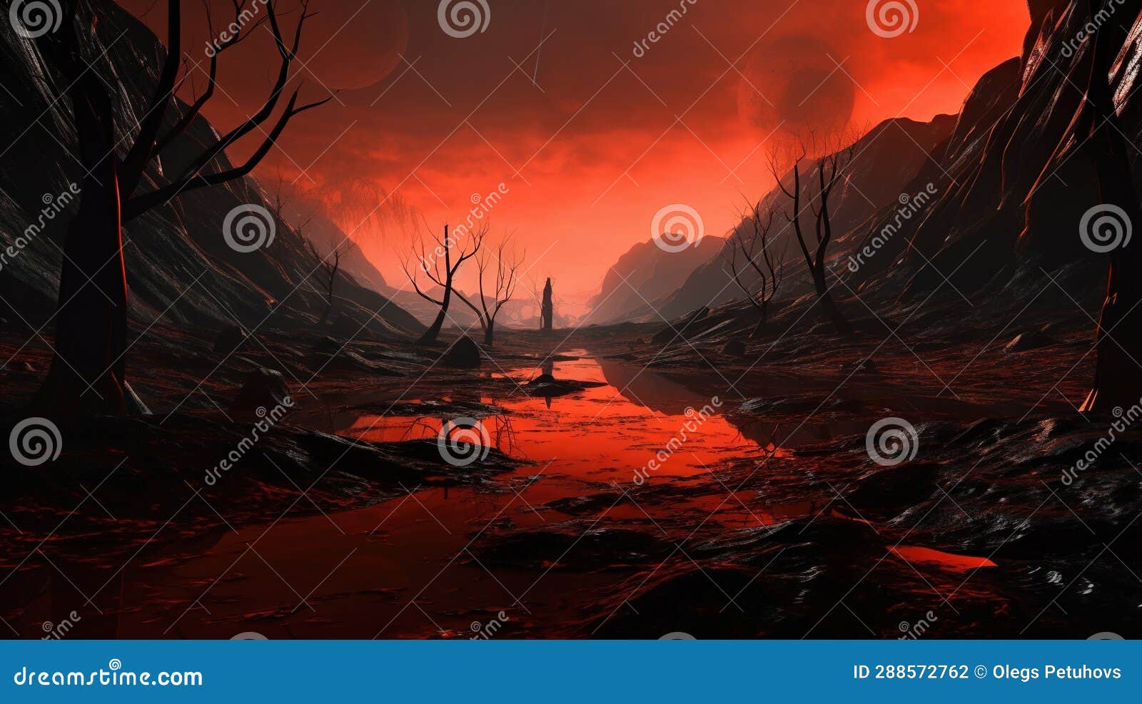 A Painting of a Red Sky with a Stream Running through it Stock Photo ...