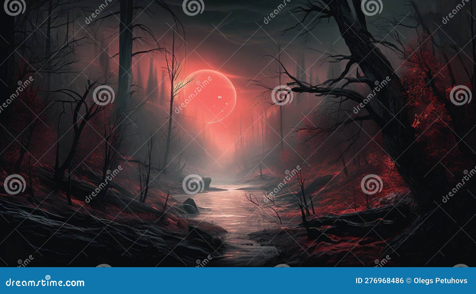A Painting of a River in a Forest with a Red Light Stock Illustration ...