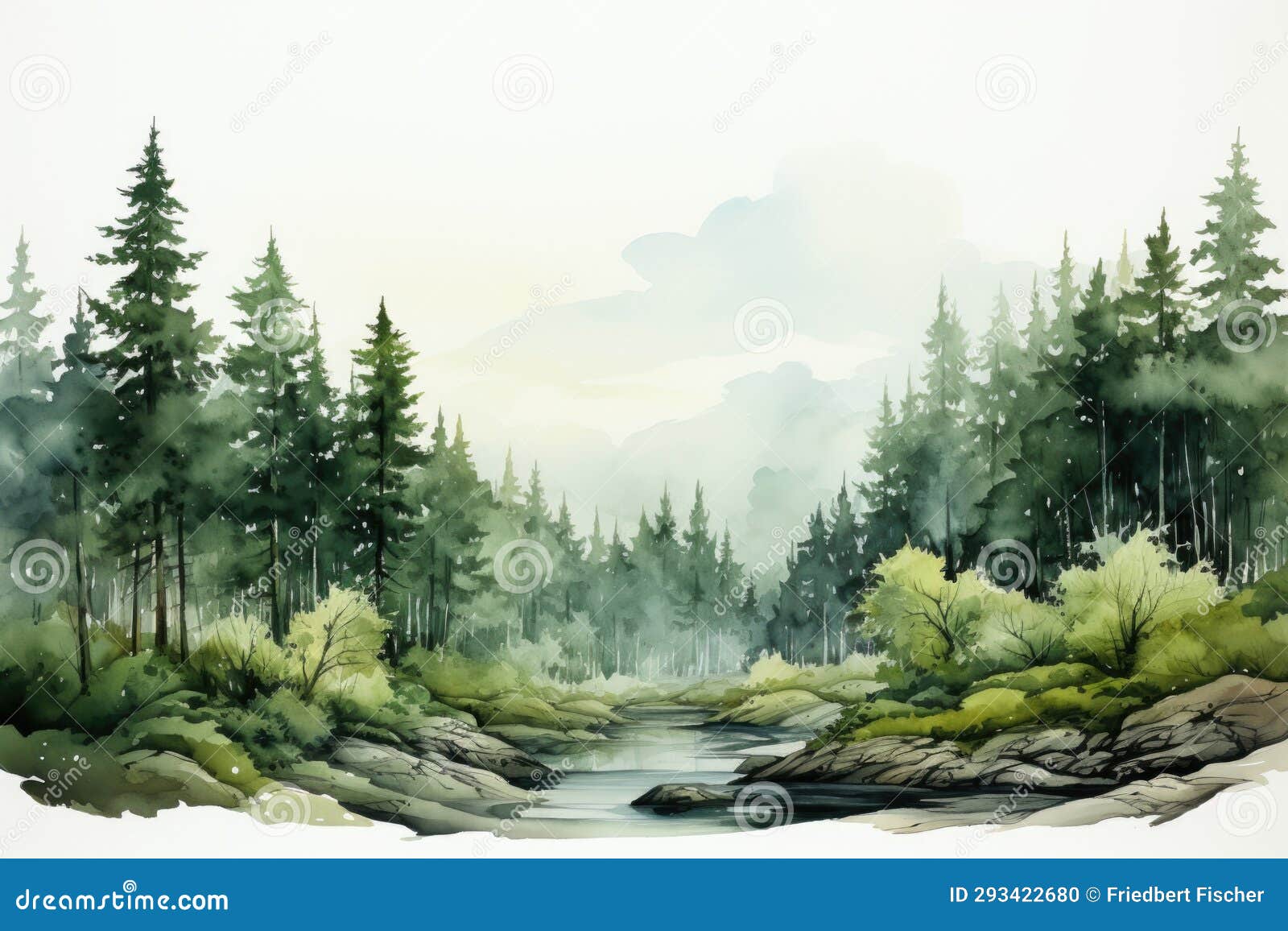 A Painting of a River Surrounded by Trees Stock Illustration ...