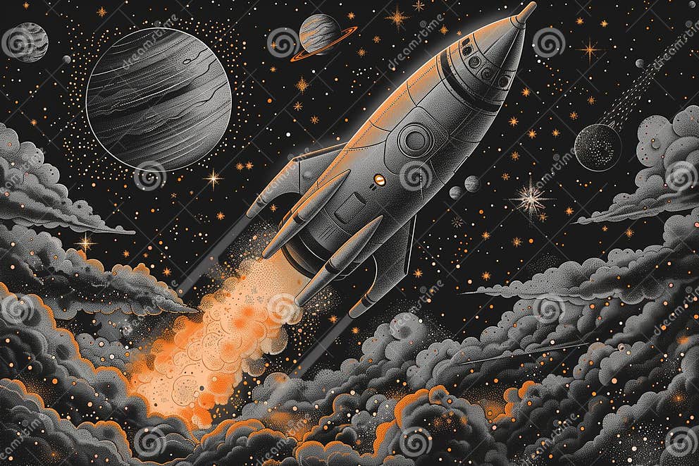 A Painting of a Rocket Blasting Off into the Vastness of Space Stock ...