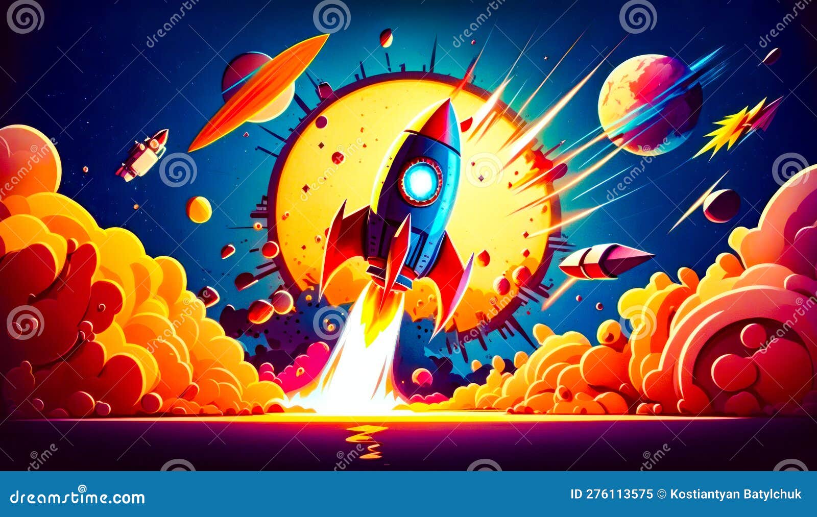 Painting of Rocket Taking Off into Space with Planets in the Background ...