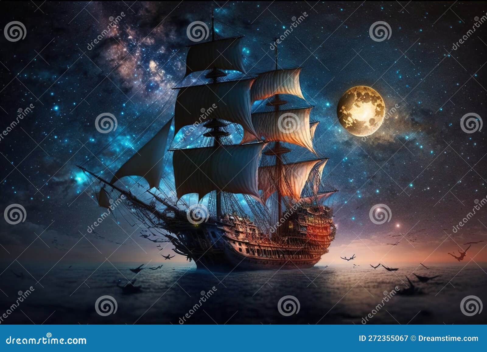 A Painting of a Sailing Ship in the Ocean with a Full Moon in the ...