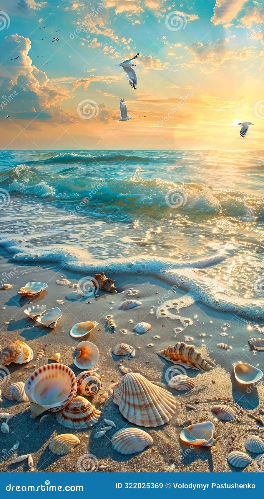 A Painting of Shells on the Beach at Sunset Stock Illustration ...