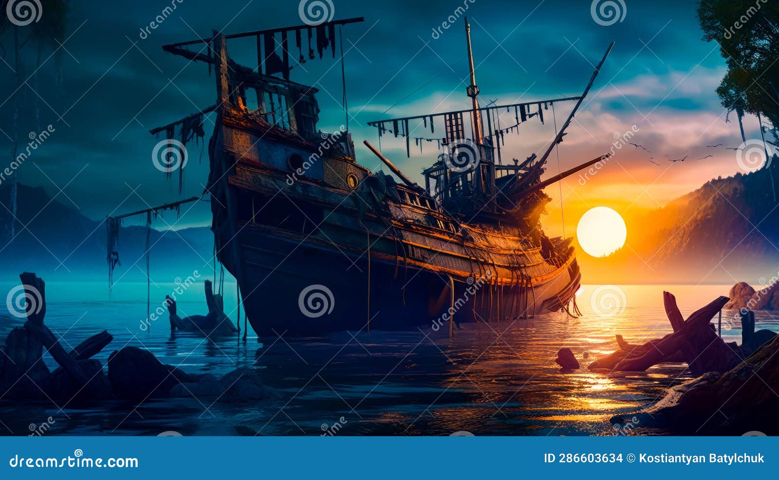 Painting of Ship in the Ocean at Sunset with the Sun in the Background ...