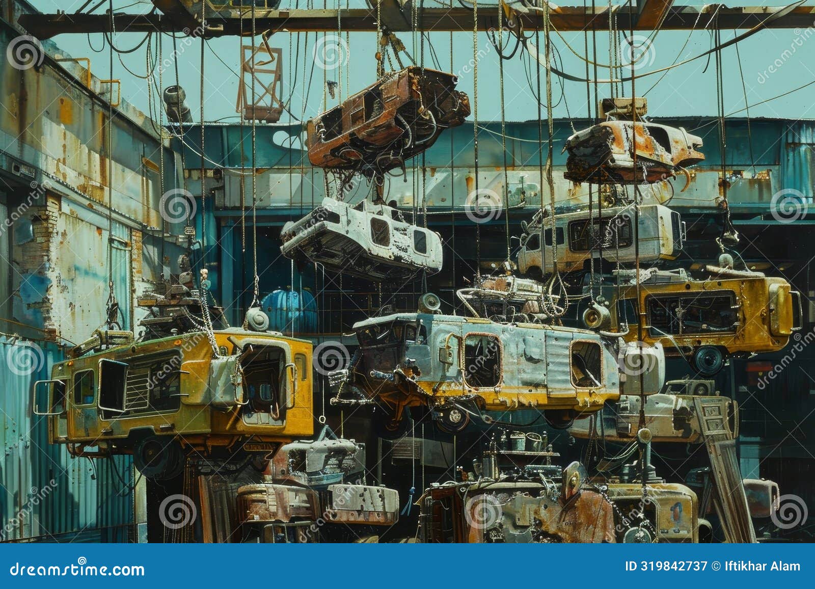 Painting Showing Various Vehicles Hanging from the Ceiling in a Gallery ...