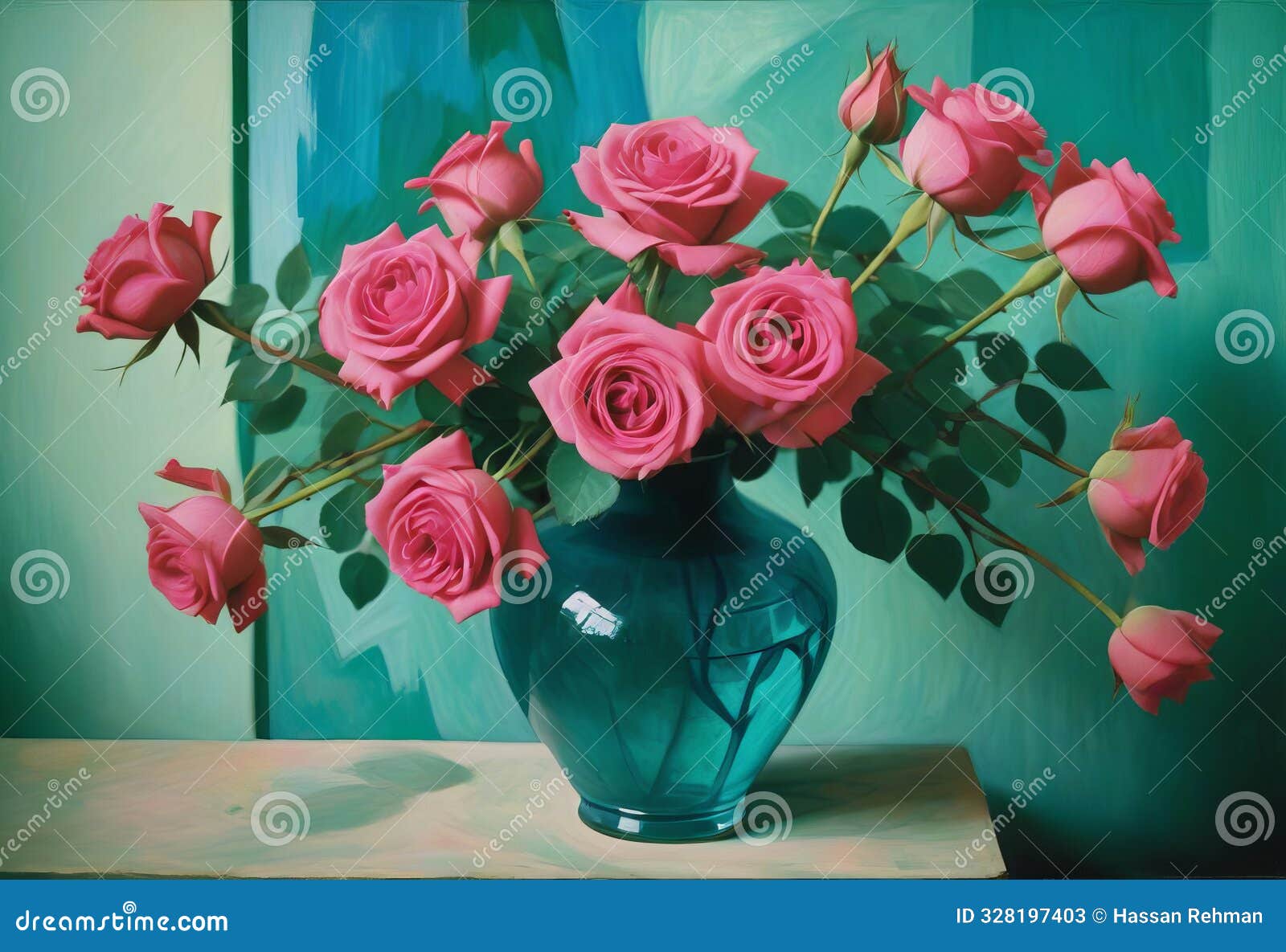 A Painting Shows Several Pink Roses in a Vase Stock Illustration ...