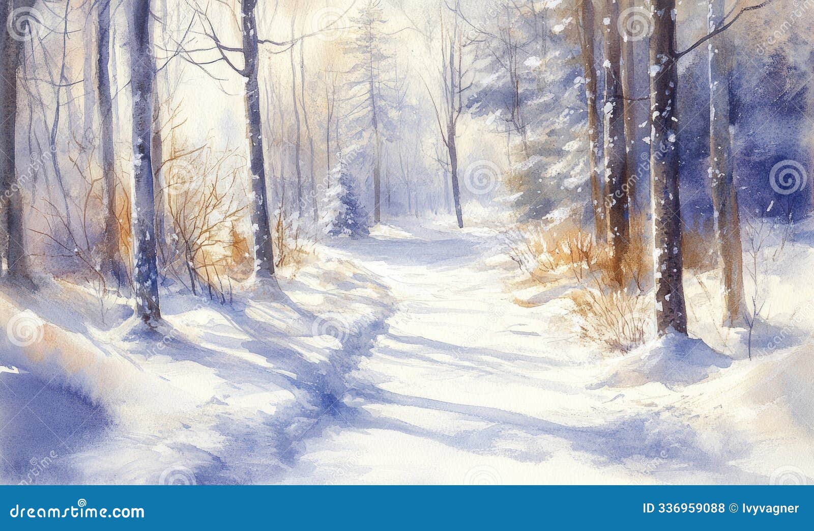 A Painting of a Snowy Forest with a Path through it Stock Photo - Image ...