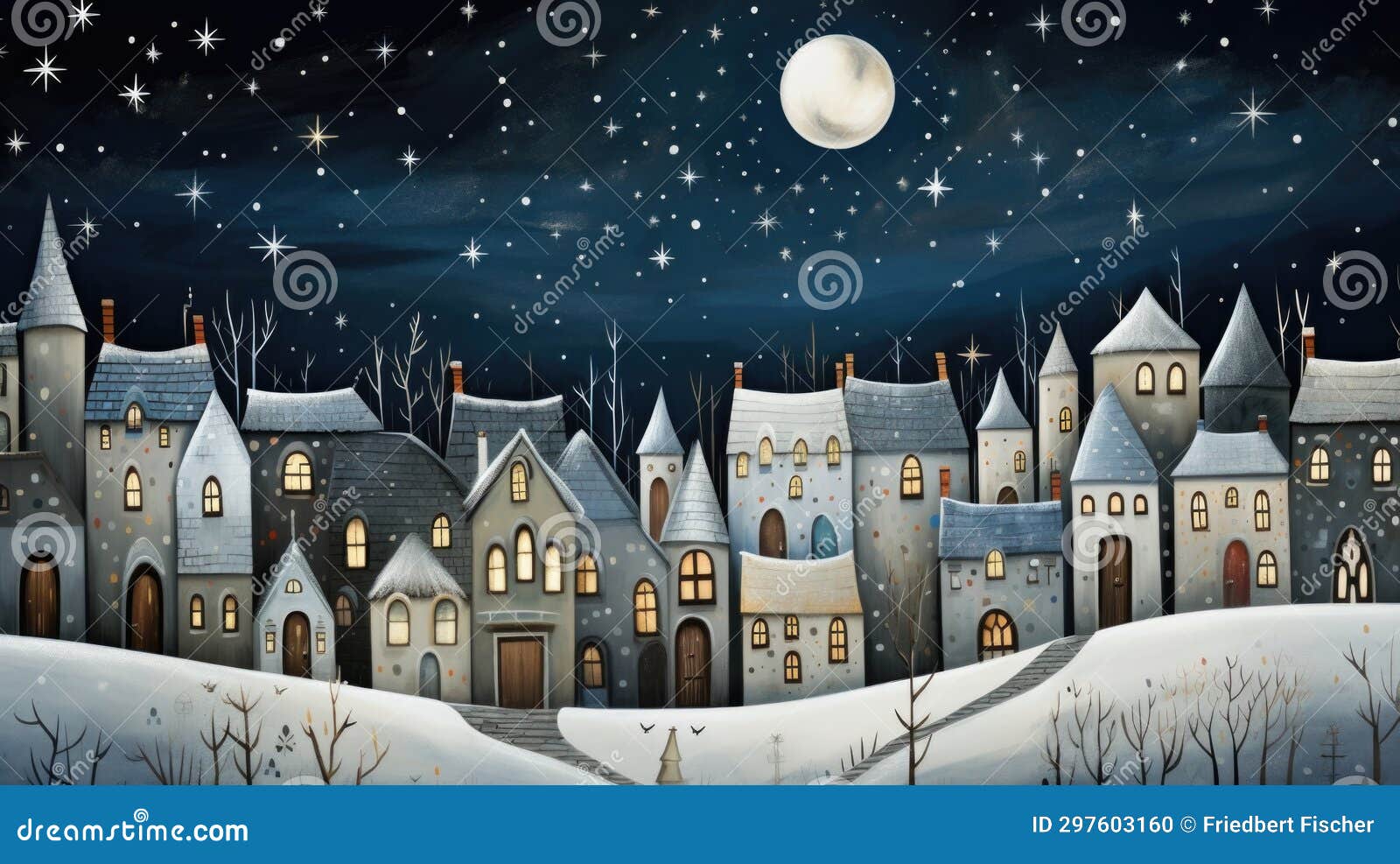 A Painting of a Snowy Town at Night Stock Illustration - Illustration ...