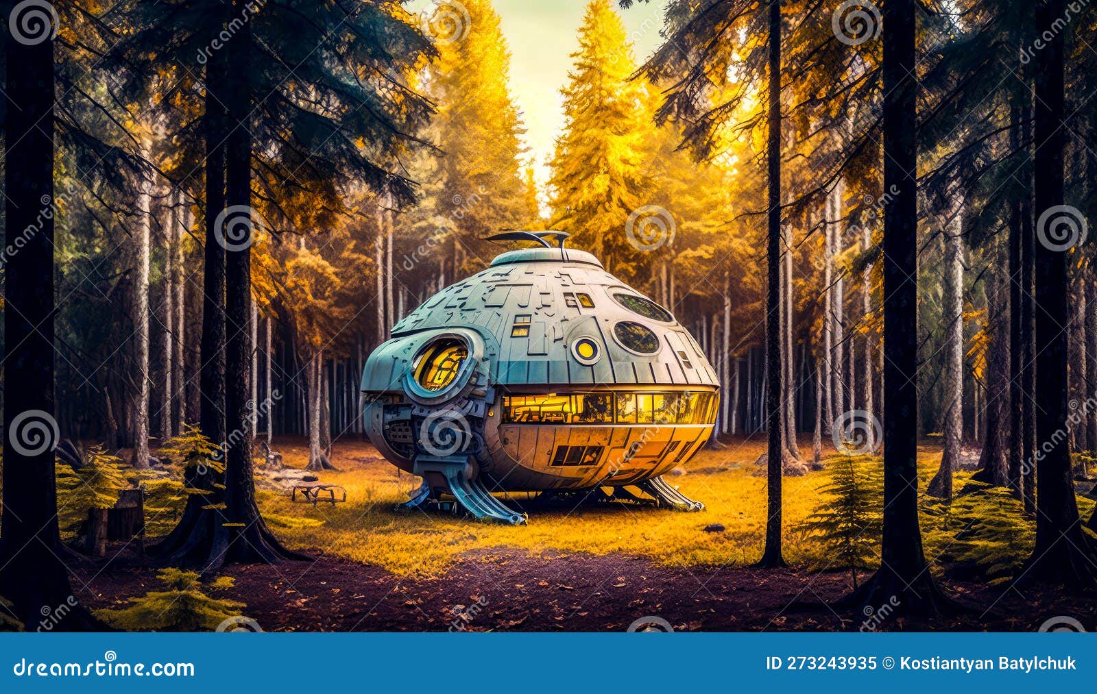 Painting of Spaceship in the Middle of Forest. Generative AI Stock ...