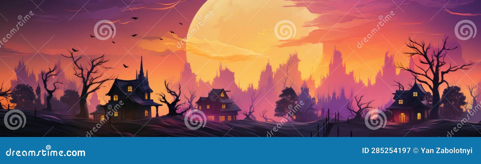 A Painting of a Spooky Town at Sunset Stock Illustration - Illustration ...
