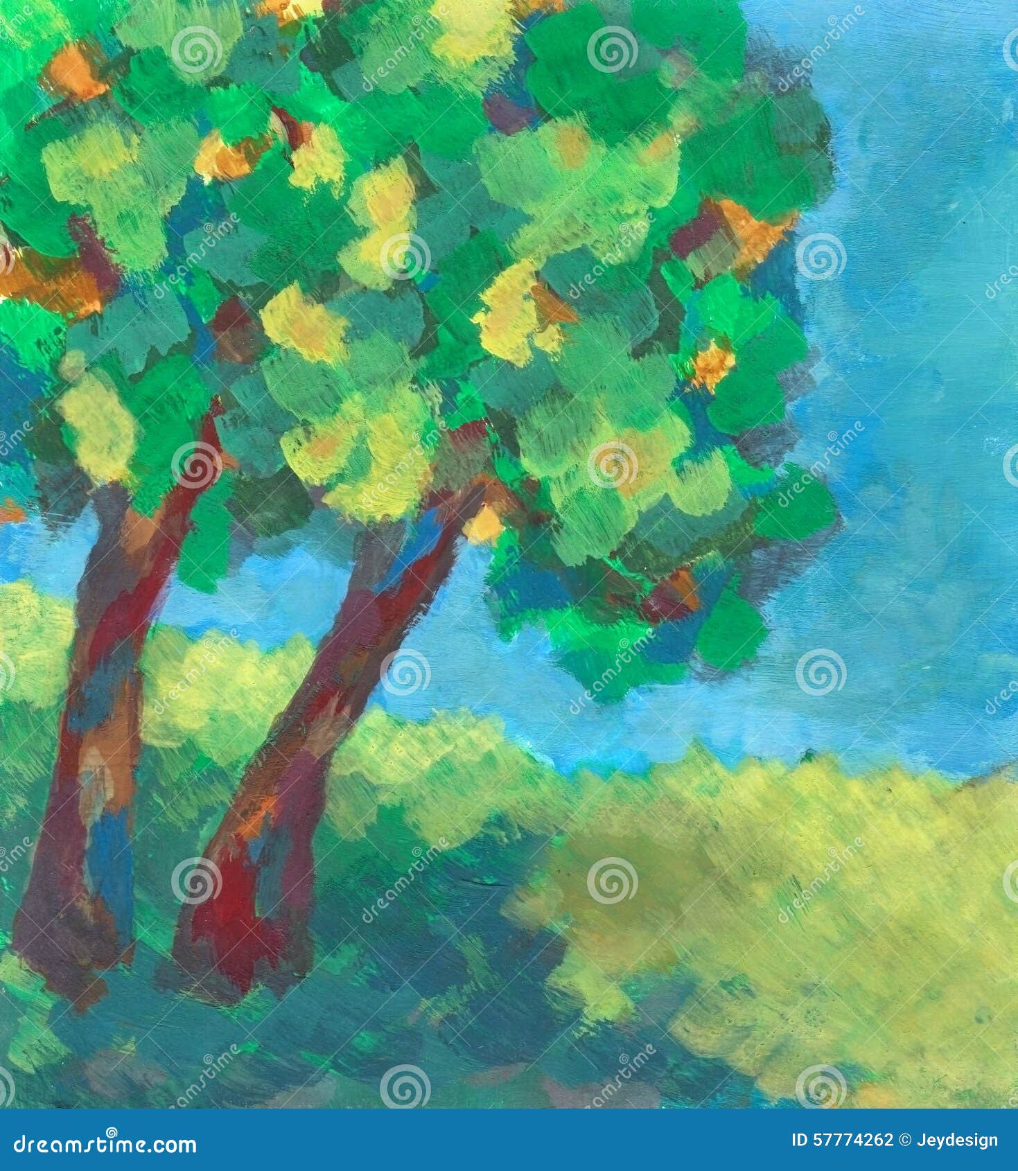 Painting of Spring Trees and Meadow Stock Illustration - Illustration ...