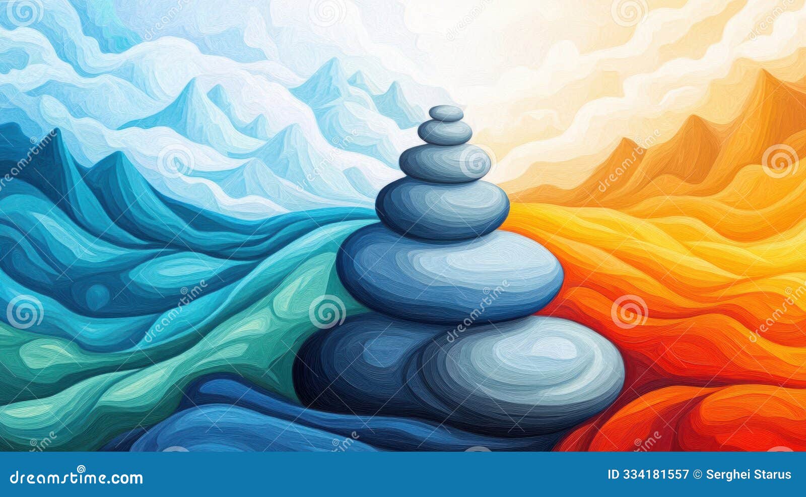 A Painting Of A Stack Of Rocks With A Sunset In The Background Stock ...