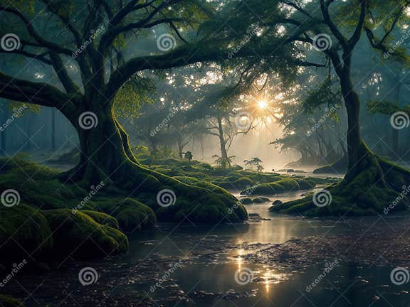 A Painting of a Stream Running through a Forest Stock Illustration ...