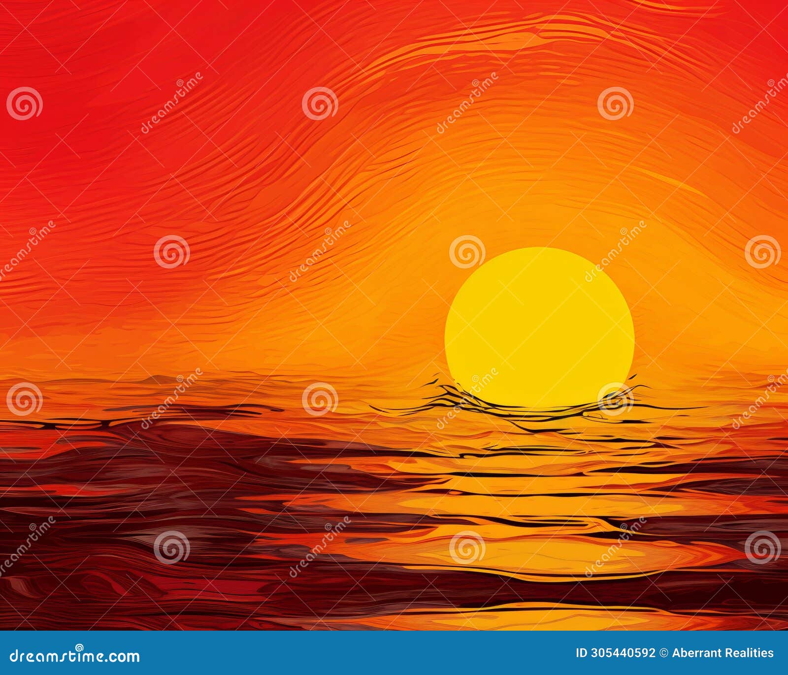 A Painting of the Sun Setting Over the Ocean Stock Illustration ...