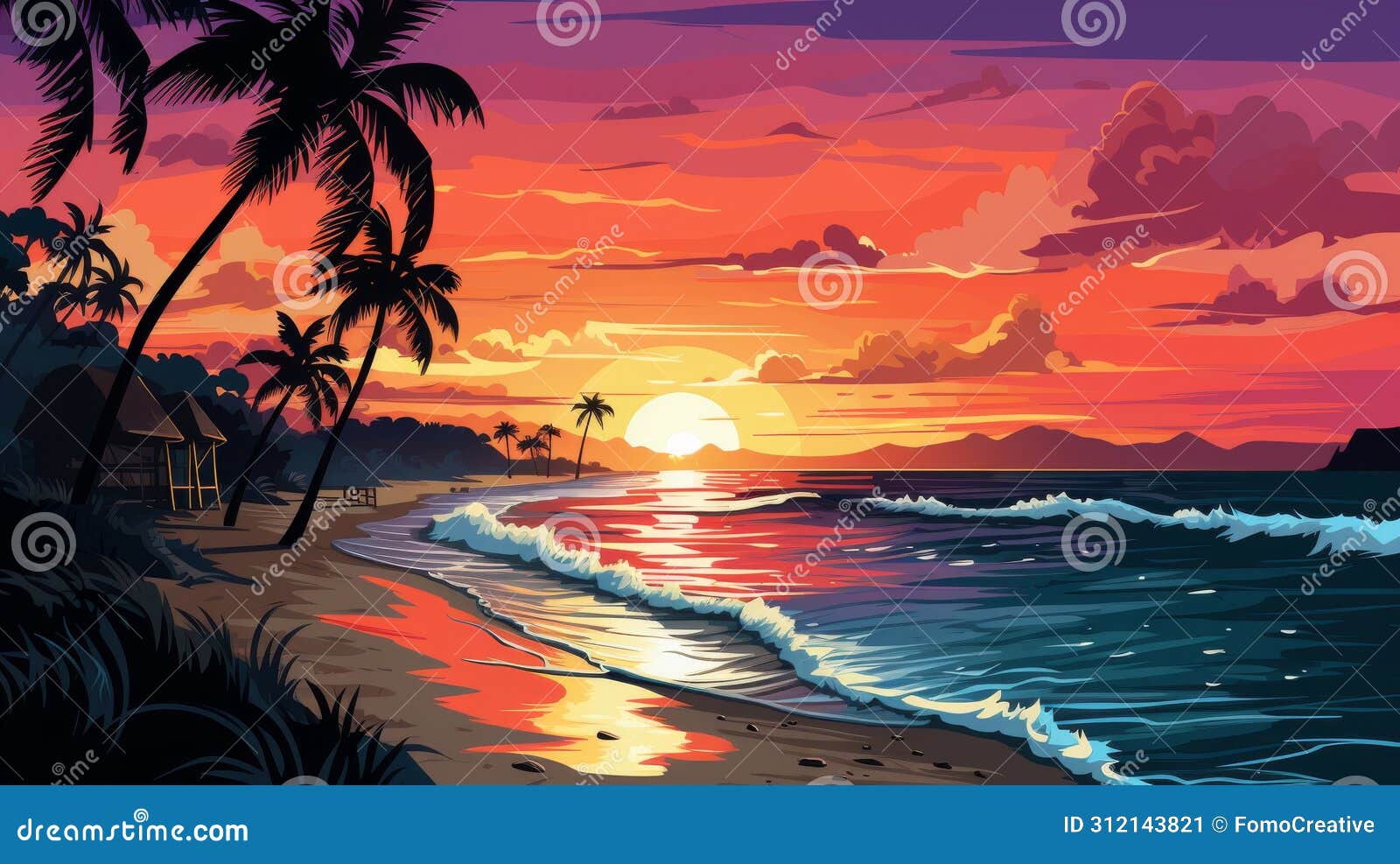 Painting of a Sunset Beach Scene with Palm Trees and Hut Stock ...
