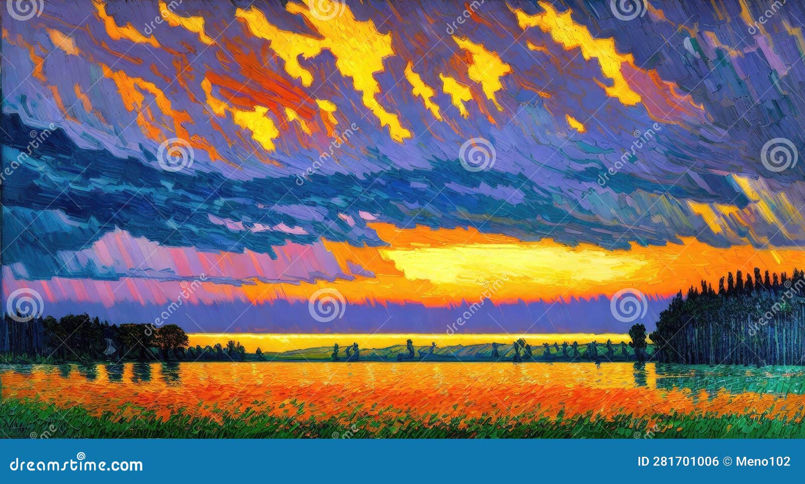 A Painting of a Sunset Over a Field Stock Illustration - Illustration ...