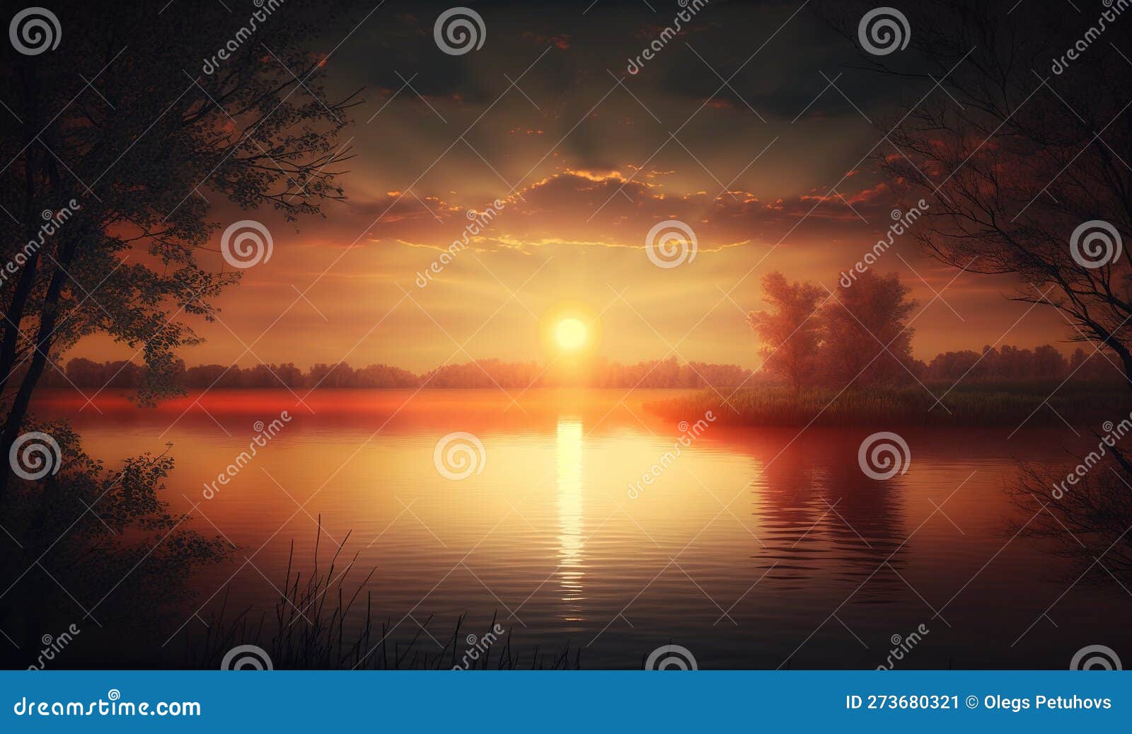 A Painting of a Sunset Over a Lake with Trees in the Foreground and the ...