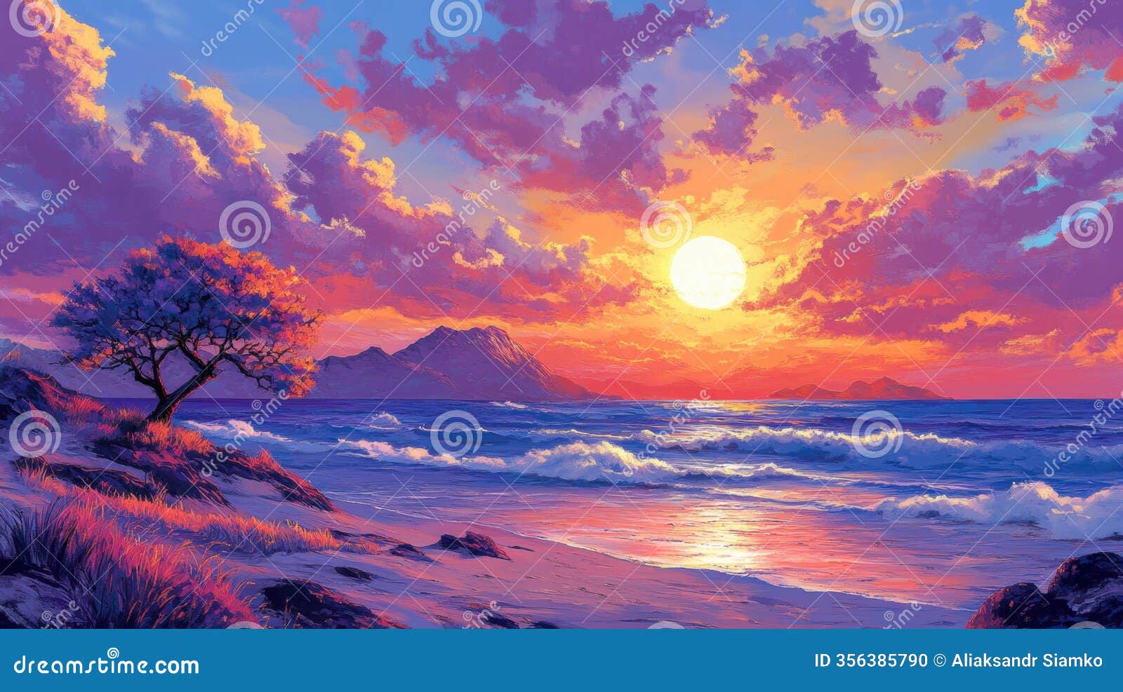 A Painting of a Sunset Over the Ocean Stock Illustration - Illustration ...
