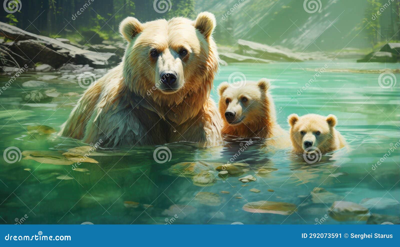 A Painting of Three Bears in the Water, AI Stock Image - Image of young ...
