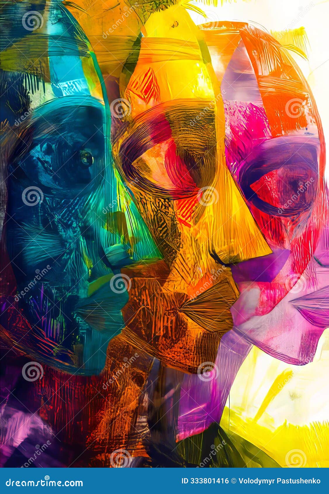 A Painting of Three Faces in Different Colors Stock Photo - Image of ...