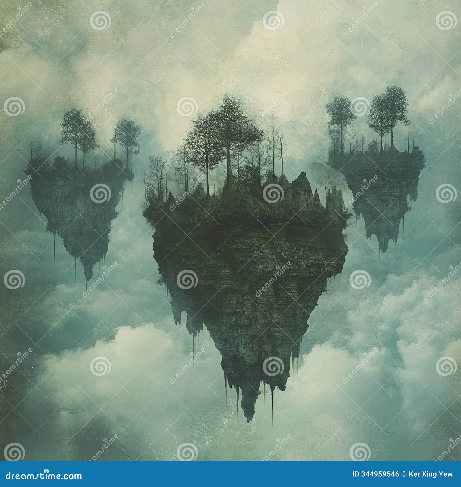 Three Islands Are Connected With Wooden Hanging Bridges, Isolated On ...