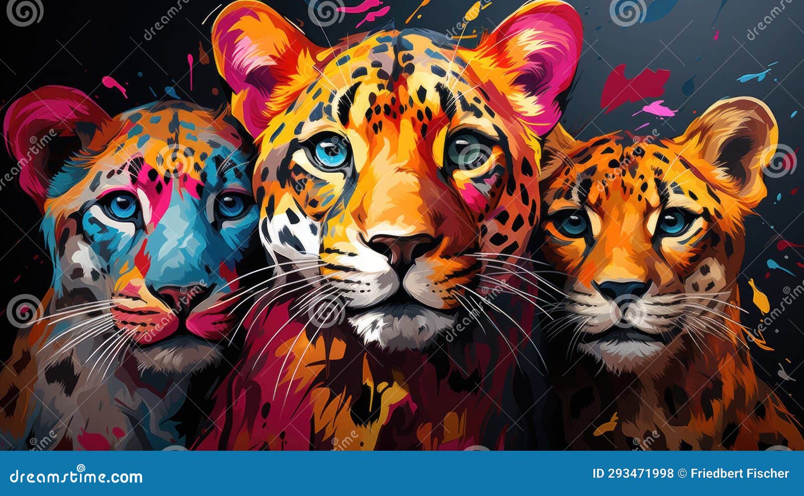 A Painting of Three Leopards on a Black Background. Stock Illustration ...