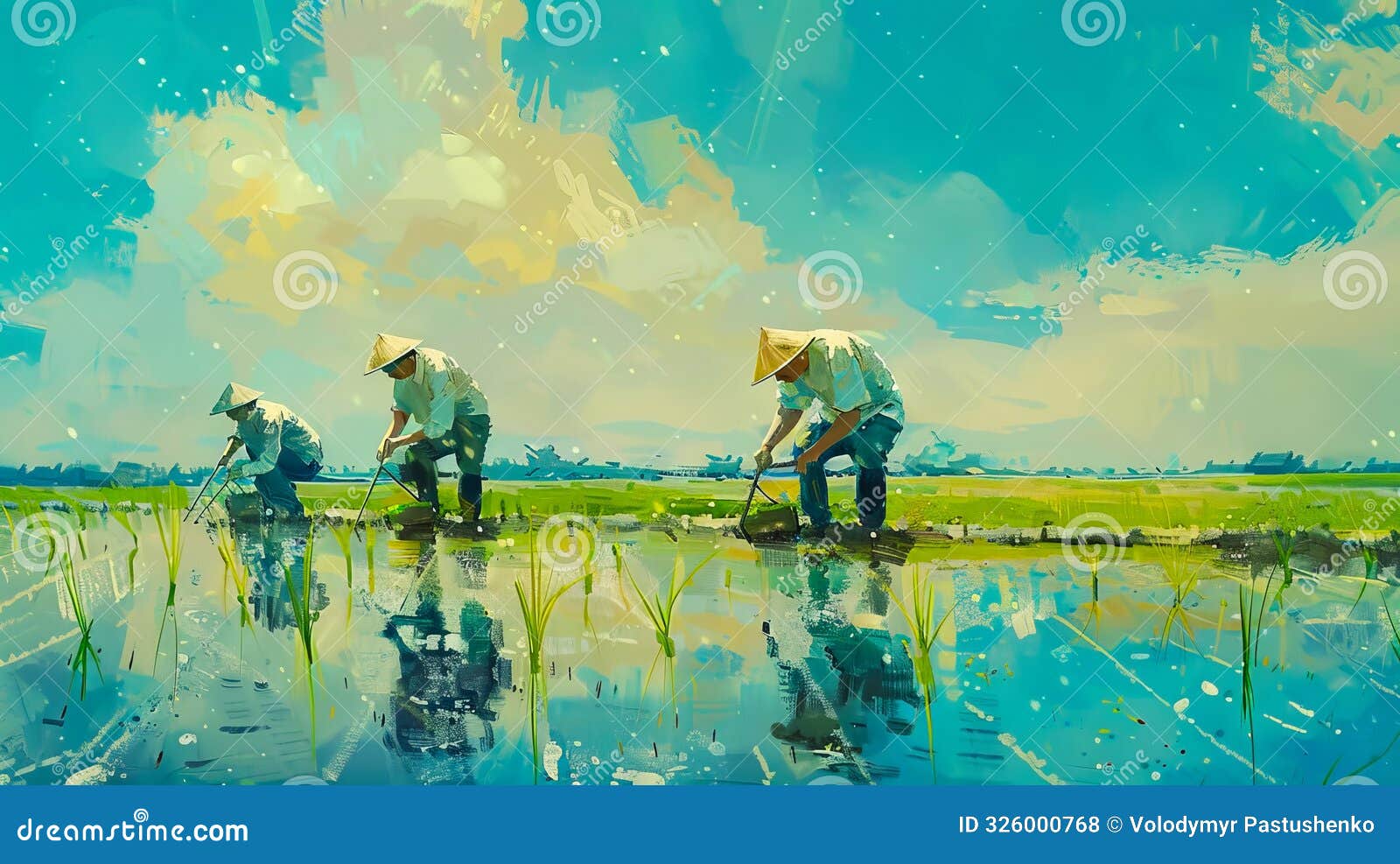A Painting of Three Men Working in a Rice Field Stock Photo - Image of ...