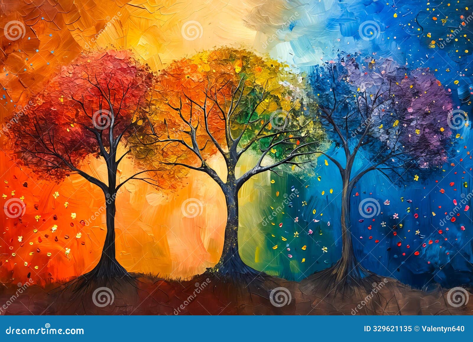 A Painting of Three Trees with Colorful Leaves Falling from Them ...