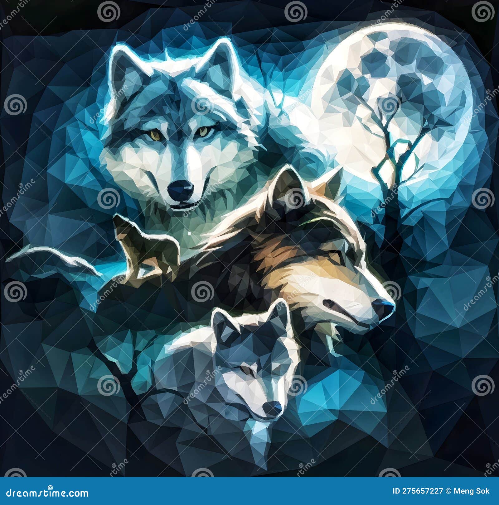 A Painting of Three Wolves and the Moon. Stock Illustration ...