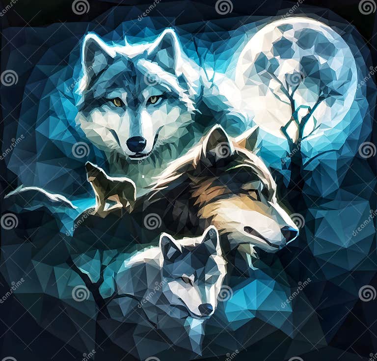 A Painting of Three Wolves and the Moon. Stock Illustration ...