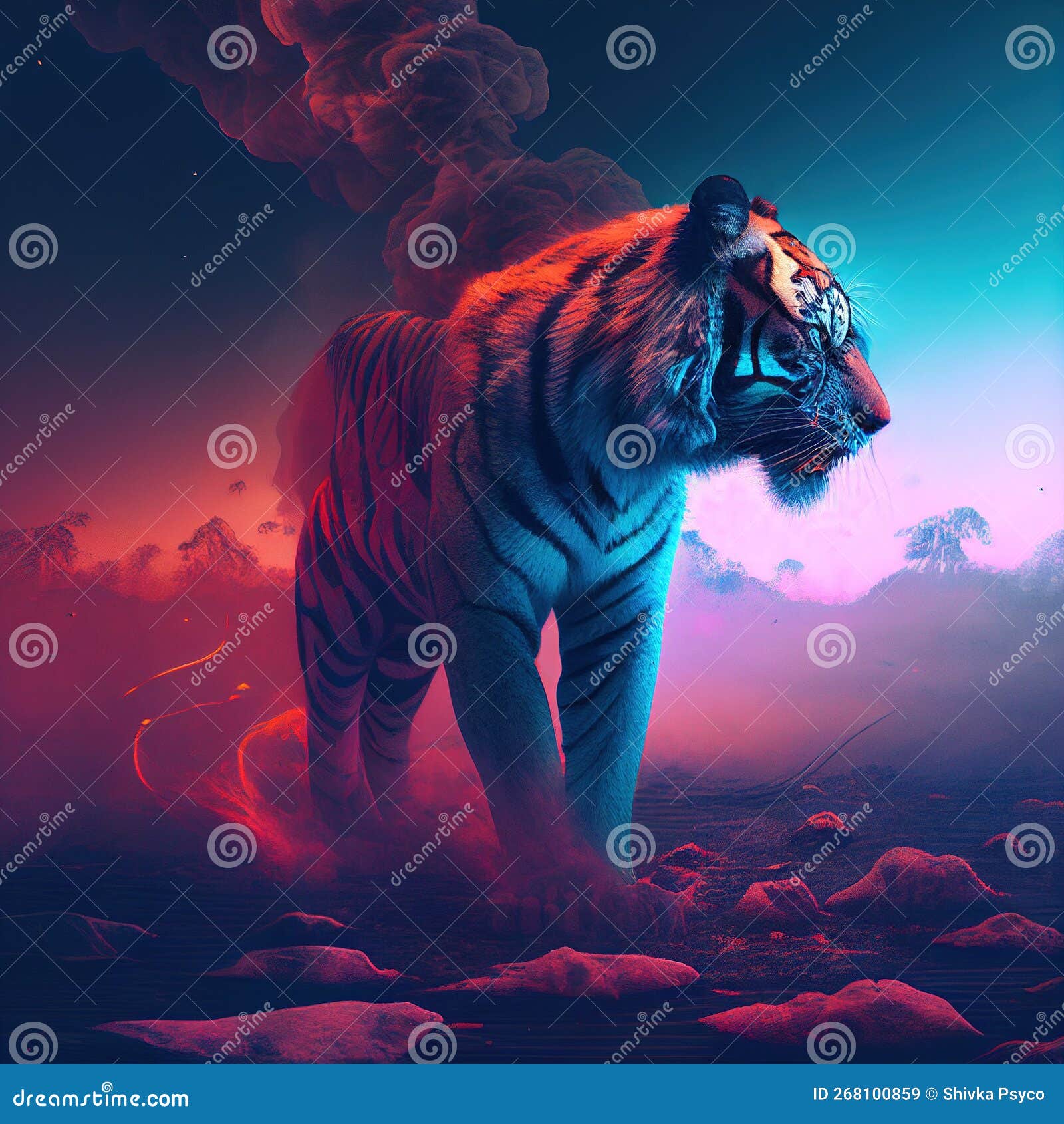 Painting of a Tiger with Red and Blue Smoke Stock Illustration ...