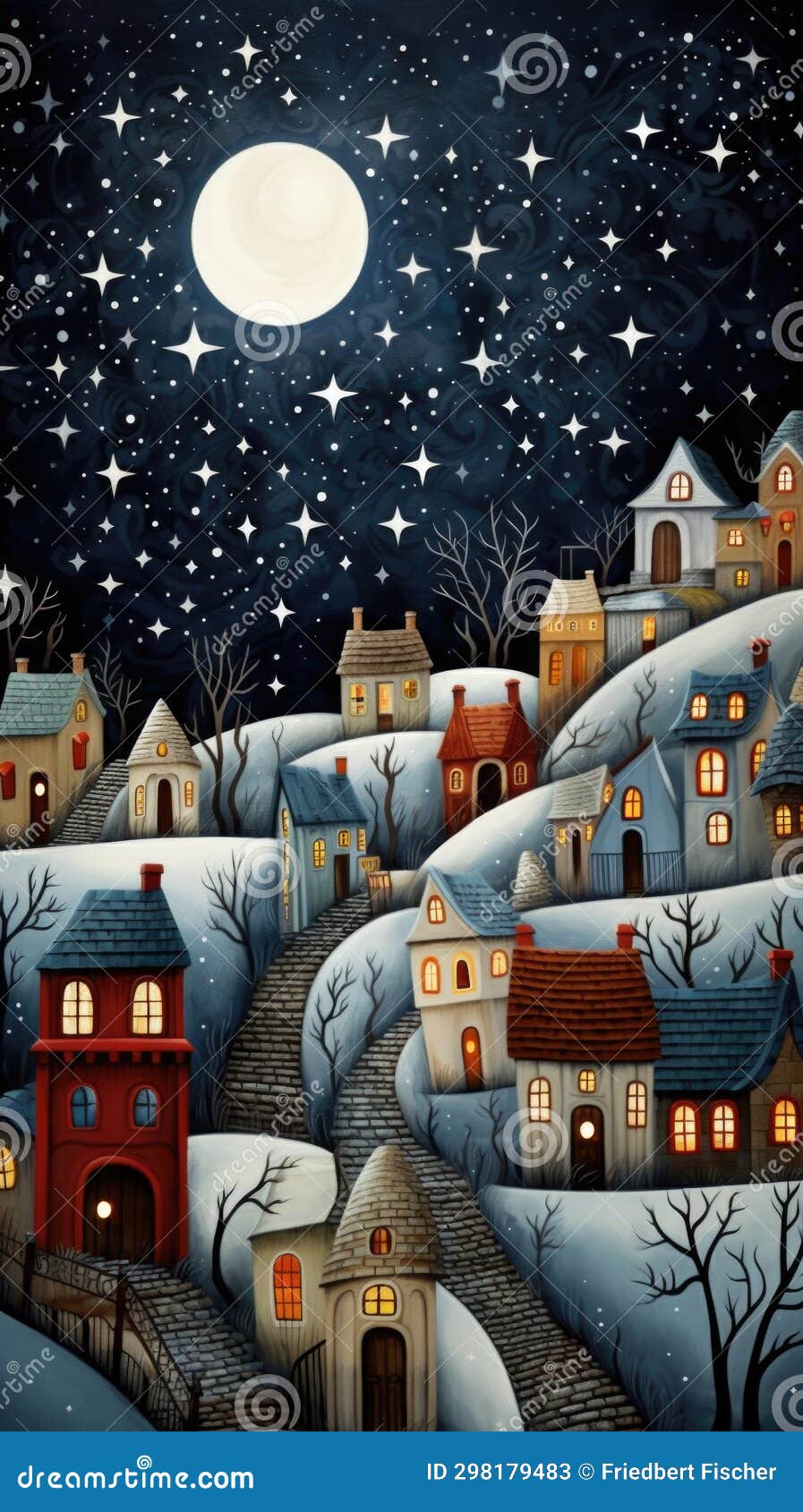 A Painting of a Town at Night with a Full Moon Stock Image - Image of ...